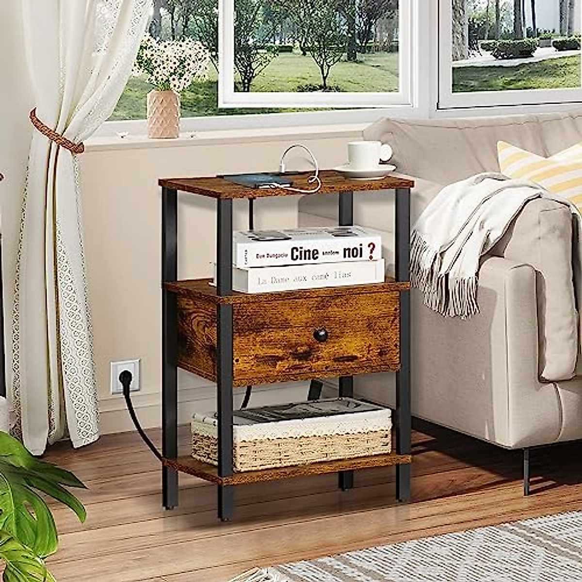 Lerliuo Nightstand with Charging Station and USB Ports, 3-Tier Storage End Table with Drawer Shelf, Night Stand for Small Spaces, Wood Bedside Table for Living Room, Bedroom - Retro Brown