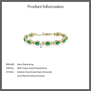 Gem Stone King 18K Yellow Gold Plated Silver Green Simulated Emerald Tennis Bracelet For Women (8.00 Cttw, Oval 6X4MM, 7 Inch With 1 Inch Extender)