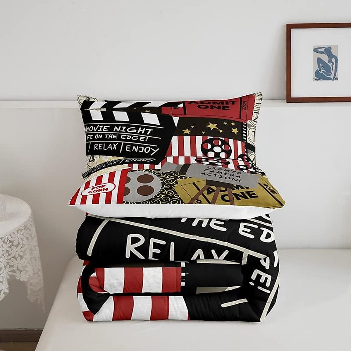 Popcorn Print Comforter Movie Theater Comforter Set Cinema Poster Design Bedding Set for Kids Boys Girls Rustic Wooden Duvet Set Full Size with 2 Pillow Case Boys