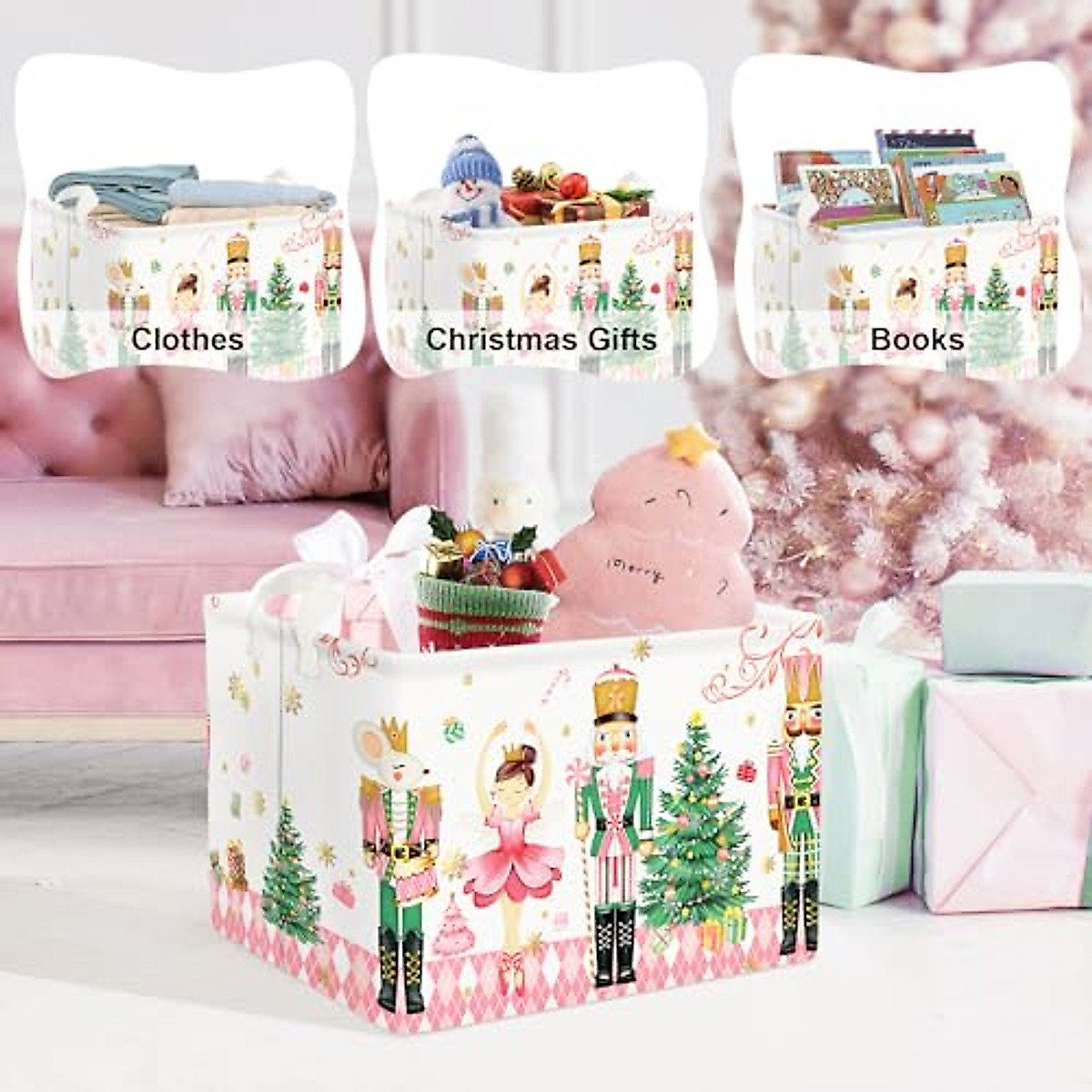 Clastyle Large Pink Nutcracker Decor Basket Diamond Plaid Christmas Tree Gift Basket Soldier Mouse Ballet Girl Clothes Storage Cube Collapsible Rectangle Toy Book Shelf Basket