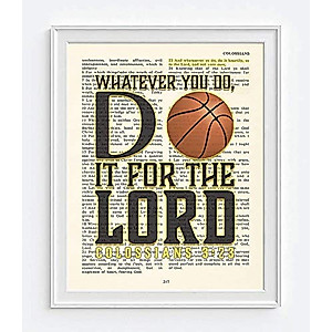Basketball, Whatever You Do, Do It For the Lord, Colossians 3:23, Vintage Bible Verse Wall Christian Art Print, Unframed, Boys Room Poster, Christmas Gift, 8x10 Inches