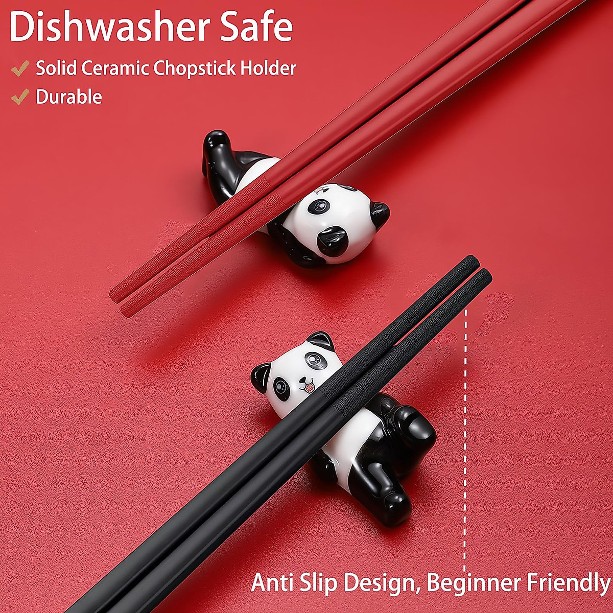 Chopsticks Reusable Panda Gifts With Cute Chopstick Rest & Chopsticks Dishwasher Safe Anniversary Gift for Couple (2PC Red-Black)