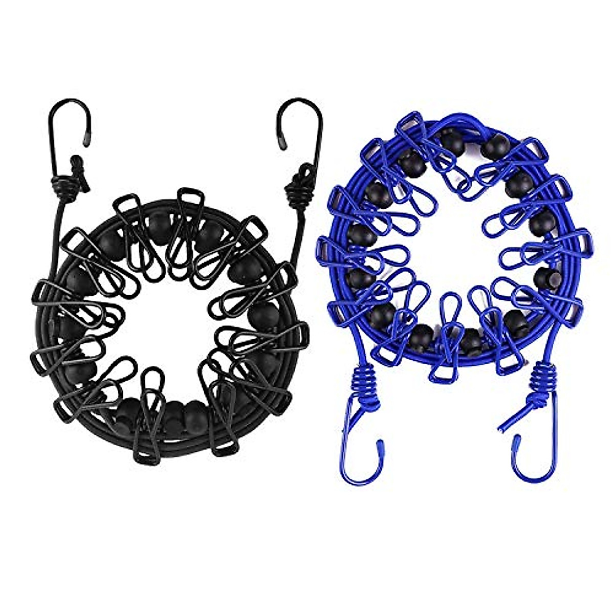 2-Piece Portable Clothesline, Retractable Travel Clothesline with 12 clothespins and 13 Spring Buckles Outdoor Camping Accessories (Blue + Black)