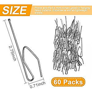 popokk 60 Pack Metal Curtain Hooks Drapery Hook Pins Slip on Drapery Hook Pins for Window Curtain,Door Curtain and Shower Curtain,Curtain Hooks for Drapes,Silver