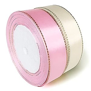 Pink & Ivory Satin Ribbon with Gold Edges, for Gift Wrapping Holiday Wedding Birthday Graduation Party Christmas Decoration,1“ Wide 25 Yard X 2 Rolls , Crafts Floral DIY Bags Bows White Ribbon