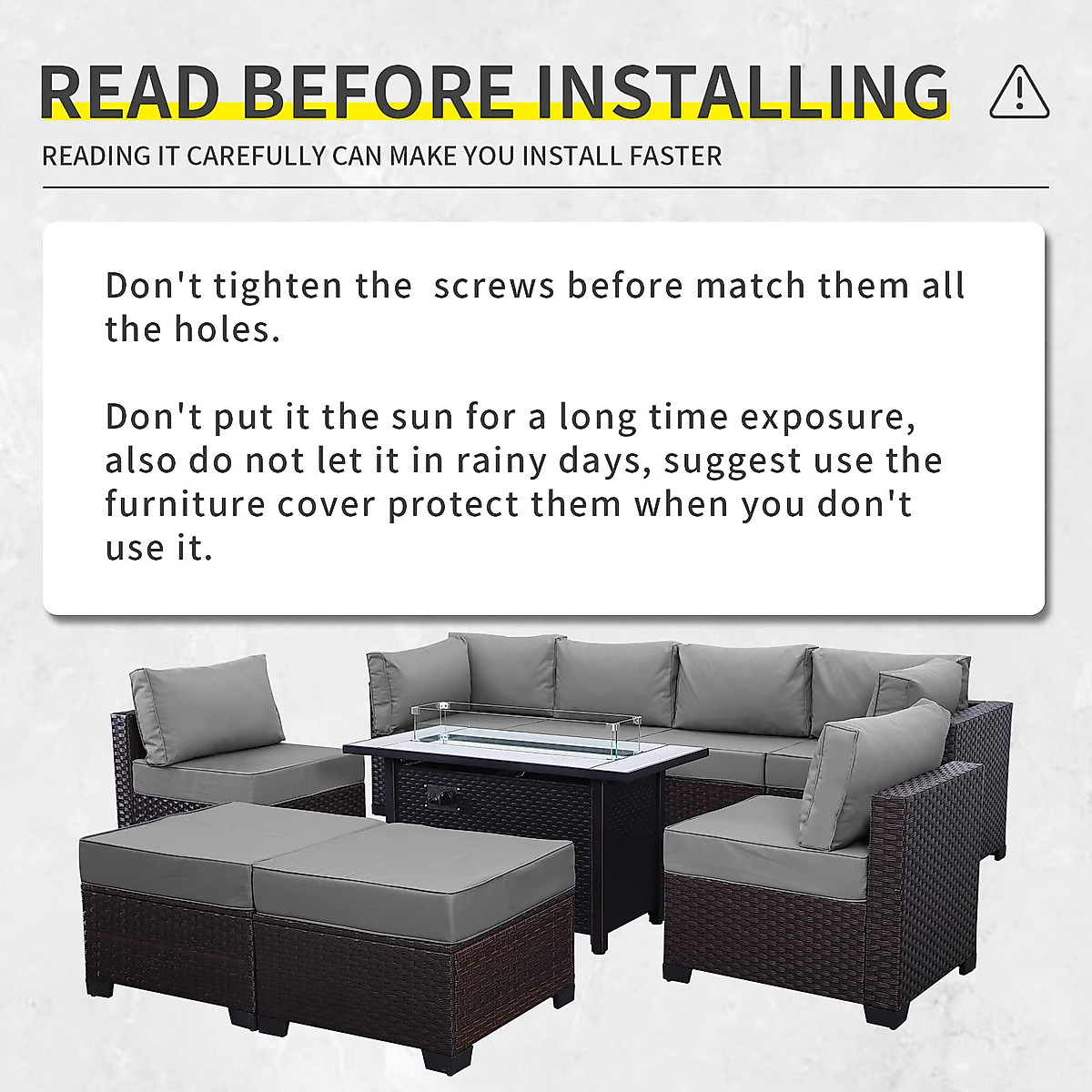 Lviden 9 Pieces Wicker Patio Furniture Set Outdoor PE Rattan Sectional Conversation Sofa Set with Grey Cushions and 45” Gas fire Pit Table