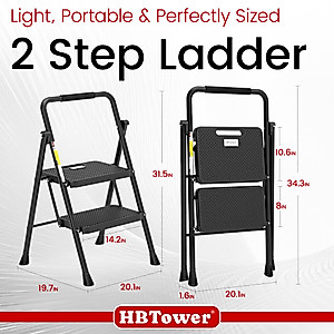 HBTower 2 Step Ladder, Folding Step Stool with Wide Anti-Slip Pedal, Sturdy Steel Ladder, Convenient Handgrip, Lightweight 500lbs Portable Steel Step Stool, Black