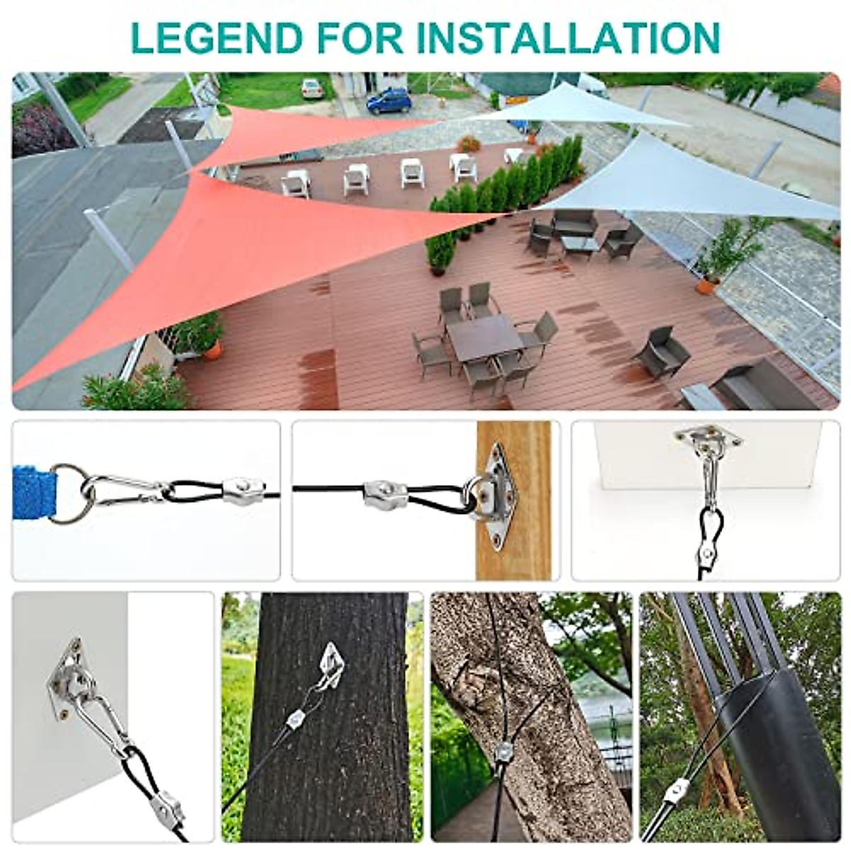 Shade Sails Installation Kits,Sun Shade Sail Hardware Kit with 4pcs 10ft Length Extension Nylon Wire Rope,Shades Awning Kit for Triangle Rectangle Shade Canopy,304 Stainless Steel, Patio Outdoor