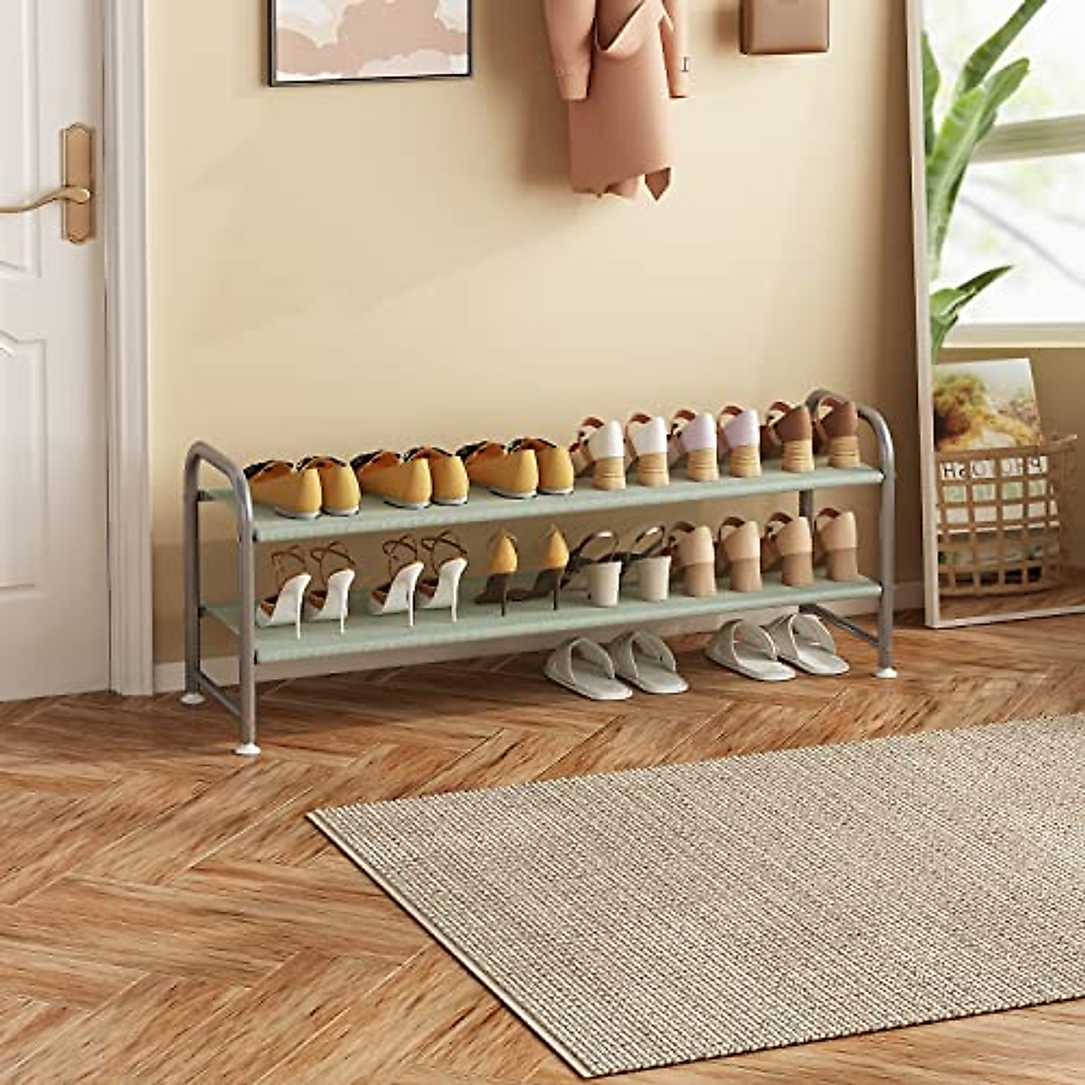 INGIORDAR 2 Tier Long Shoe Rack Wide Shoe Shelf Organizer and Storage for Floor Entryway Closet Shoe Stackable Wide Shelf Holds 12 Pairs of Sneakers Women Heels Boots, Grey