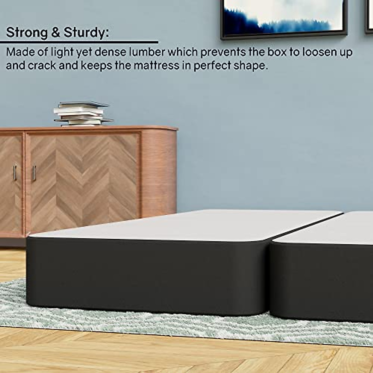 Mattress Solution, 4-Inch Sturdy Box Spring for Mattress Support-Durable and Fully Assembled, Natural Wood Foundation for Full XL, Black