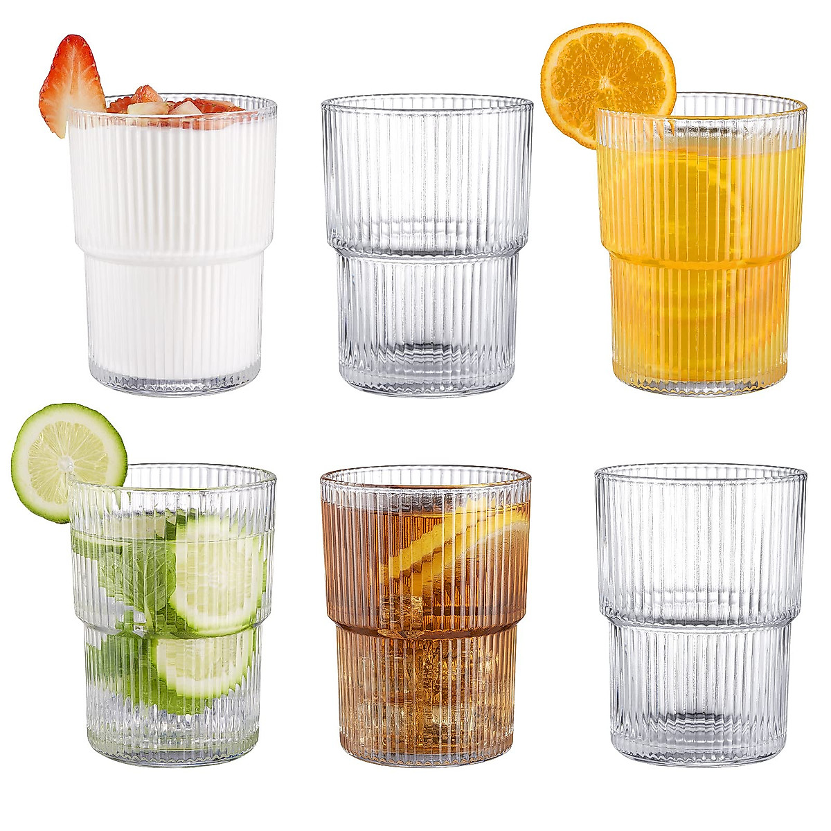 BJMEDYM Ribbed Glassesware 14 Oz Ripple Drinking Glasses Iced Coffee Glasses Glass Cup Set Of 6 Vintage Drinking Glasses Water Glasses Fluted Glassware Cocktail Glass Cute Glass Cups