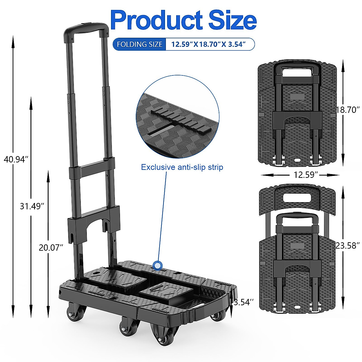 Folding Hand Truck, Pre-Installed 600lbs Heavy Duty Dolly Cart, Portable 6 Wheels Collapsible Luggage Cart with 2 Elastic Ropes for Luggage, Travel, Moving, Shopping, Office Use