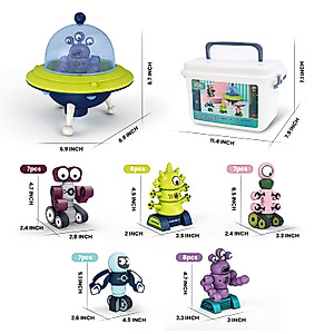 HOLYFUN Kid Magnetic Walking Musical Space Toy with 35PCS Stacking Blocks Building Robot, Storage Box, STEM Educational Electronic Flying Saucer and Magnetic Robot Gift for Children Toddler Boy Girl