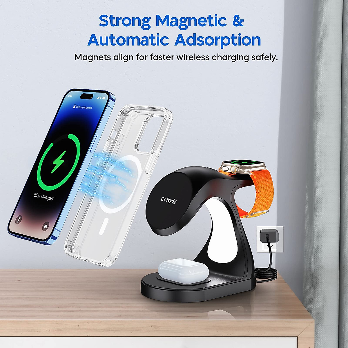 3 in 1 Magnetic Wireless Charging Station for Apple Devices, Ceftydy 20W Fast Mag-Safe Charger Stand with Adapter and LED, for iPhone 15,14,13,12 Pro/Pro Max/Plus/Mini, Apple Watch & AirPods