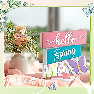 5 Pcs Hello Spring Tiered Tray Decorations Rustic Spring Table Decor Farmhouse Spring Decorations for Home Spring Wood Sign Hello Spring Table Centerpiece Standing Decor for Shelf Tabletop Fireplace