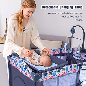 4-in-1 Pack and Play with Bassinet for Baby,Folding Crib,Travel Crib Diaper Changer with Mattress,Playard with Music Box,Multifunctional Baby Bed for Newborn,Infant,Toddler,Portable Baby Playpen