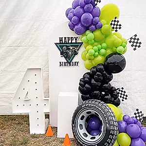 Truck Theme Balloon Garland Arch Kit 150pcs Black Green Purple Balloon with Checkered Flag and Large Hot Wheel Balloon for Monster Theme Birthday Party Decorations (without backdrop)