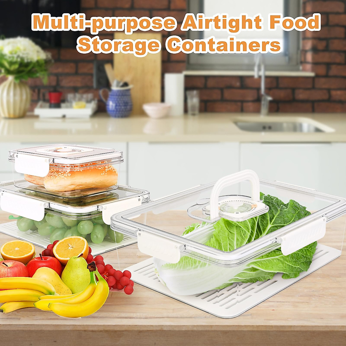 MOLINGRITAR Fruits Storage Container for Fridge, Plastic Refrigerator Organizer Bins Set of 3, Fresh Produce Saver Containers with lid and Handle, Time Dial and Vent Control Crisper Box