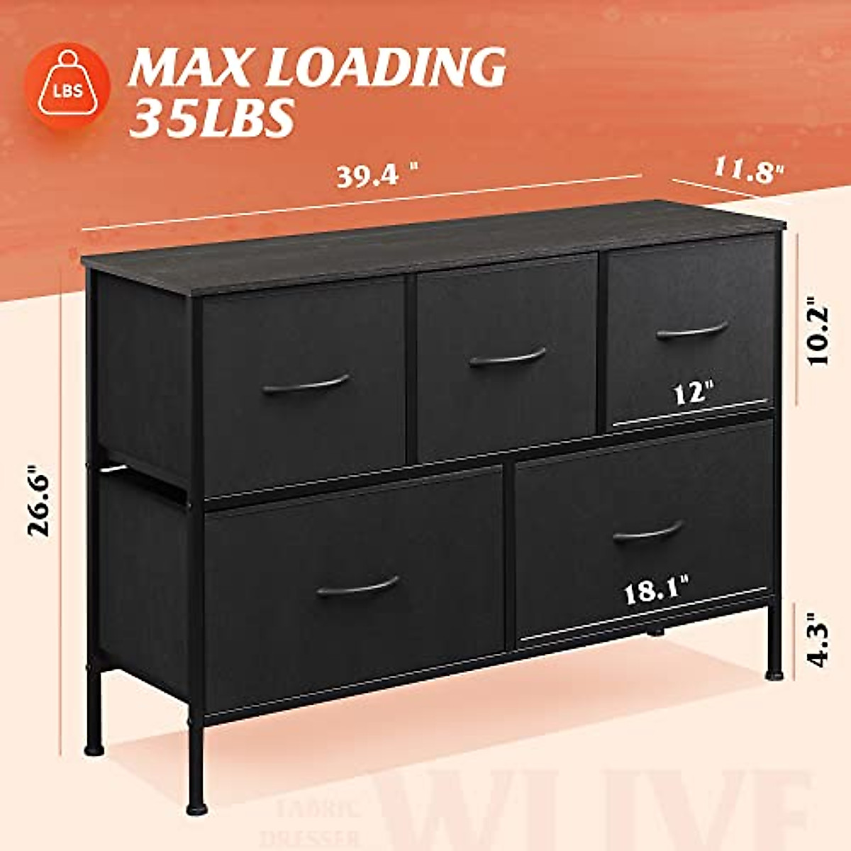 WLIVE 2-Drawer Nightstand and 5-Drawer Dresser Set, Fabric Storage Tower for Bedroom, Hallway, Nursery, Closets, Tall Chest Organizer Unit with Textured Print Fabric Bins, Steel Frame, Charcoal Black