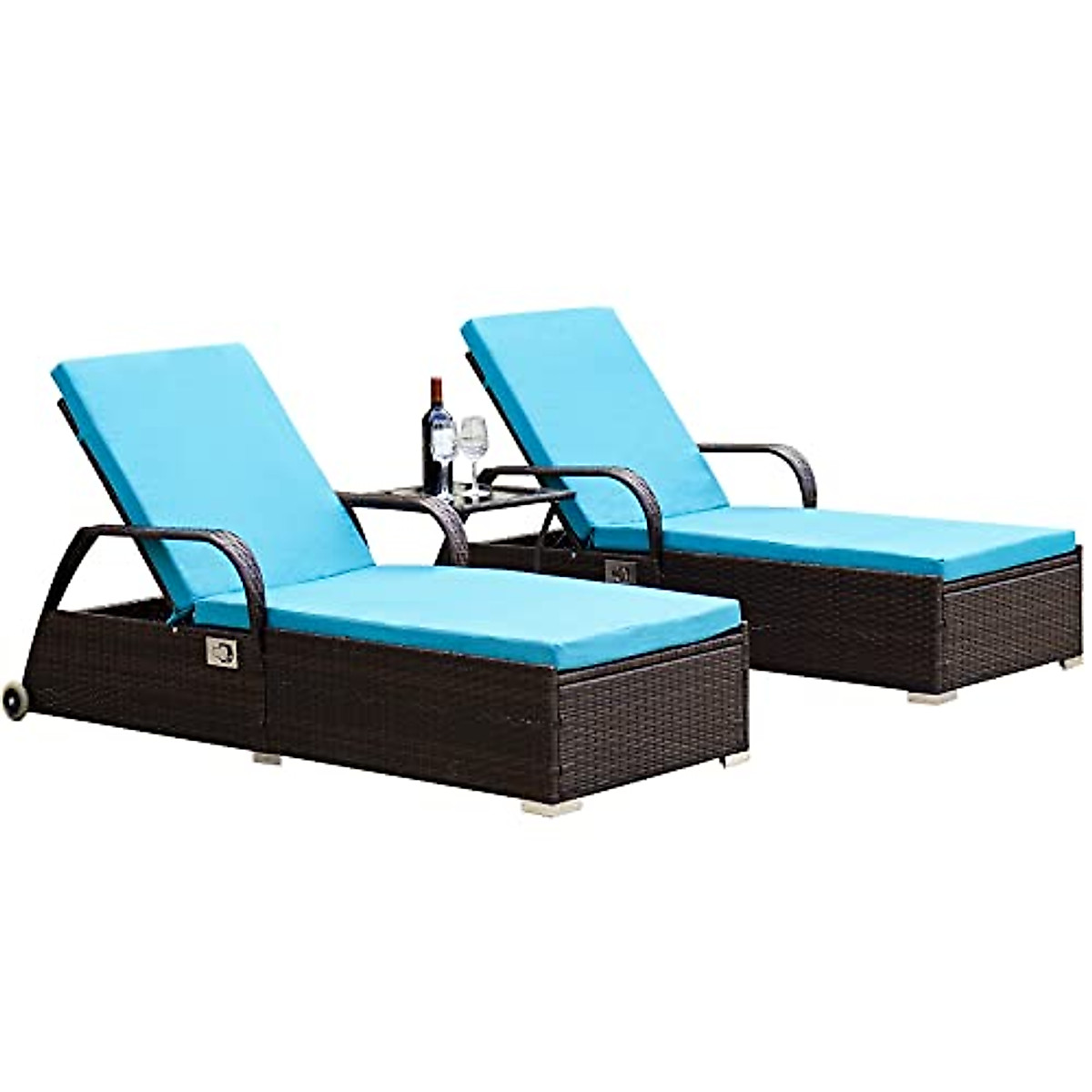 DECMICO Chaise Lounge Chair Set of 3 Outdoor Wicker Patio Furniture, Infinite Position Adjustable Backrest with Removable Cushion and a Glass Table,Ideal for Yard, Garden, and Backyard (Turquoise)