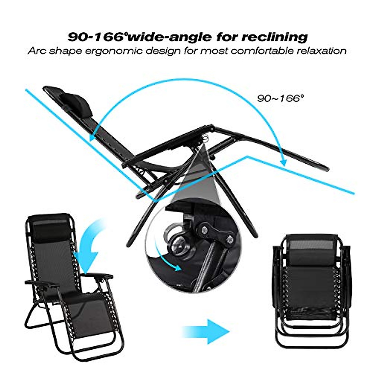 HCB Zero Gravity Chair Patio Folding Lawn Lounge Chairs Outdoor Lounge Gravity Chair Camp Reclining Lounge Chair with Pillows for Vacation (Black)