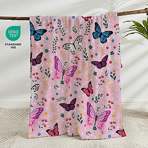 Jameswish Butterfly Throw Blanket for Girls Teens Toddler Pink Soft Fuzzy Flannel Bed Blanket for Kids Adults Plush Colorful Flowers Blanket,50”x60”