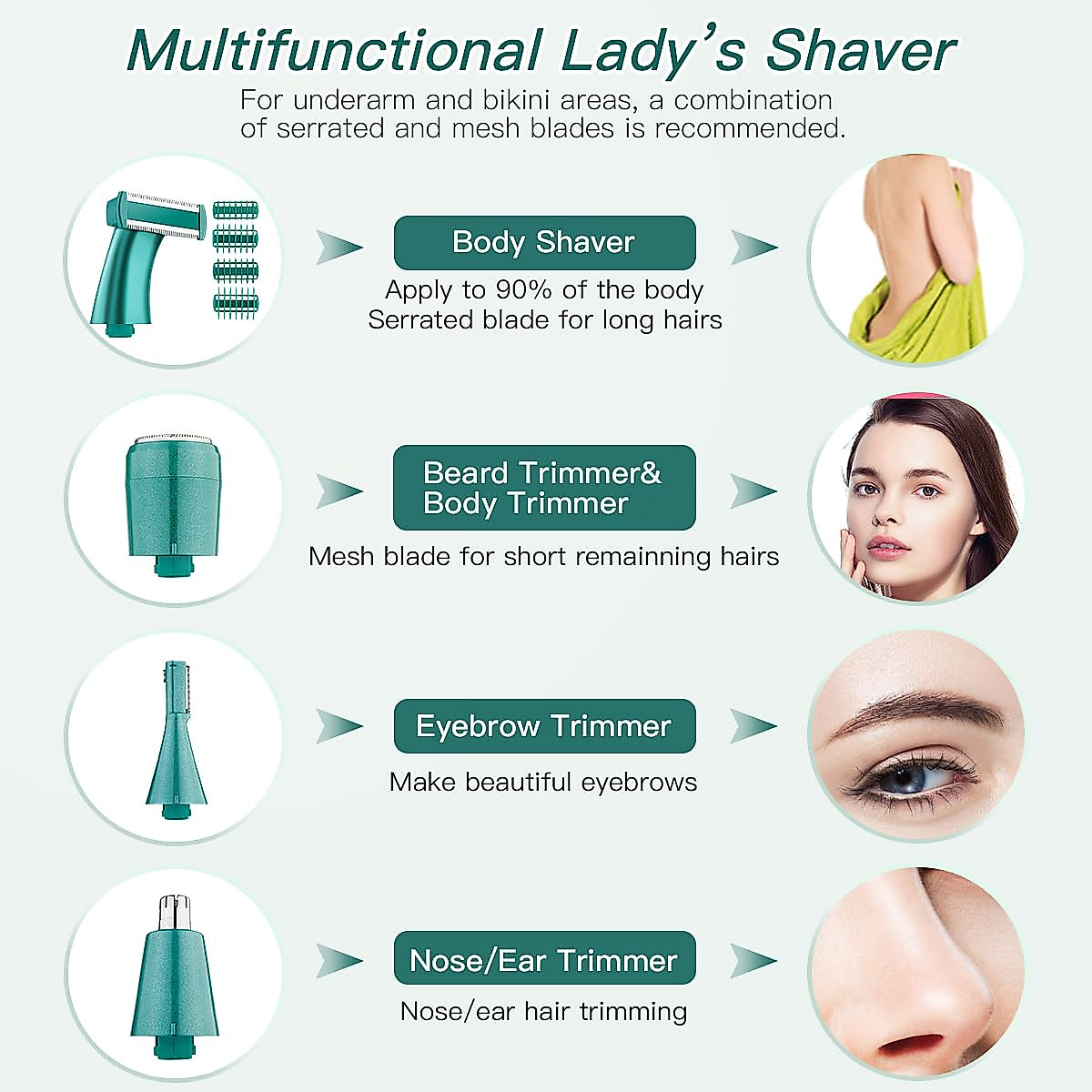 Electric Razor for Women, 4 in 1 Womens Electric Razor, Cordless Protable Body Hair Removal for Eyebrow Face Nose Legs Underarms and Bikini Line, Personal Womens Shaver Set for Wet and Dry