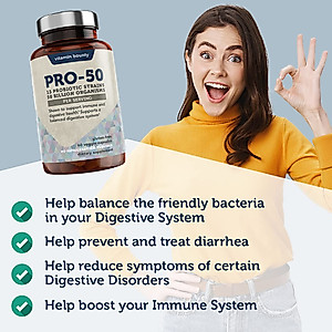 Vitamin Bounty Pro-50 Probiotic - 50 Billion Organisms and 13 Probiotic Strains That Promote Gut Health, Digestive Health Probiotic, Delayed Release Capsule with Prebiotic Greens - 60 Capsules