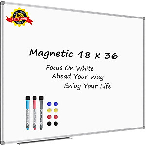Lockways White Board Dry Erase Board 48 x 36 Inch, Magnetic Whiteboard 4 x 3, Silver Aluminium Frame, Set Including 1 Detachable Aluminum Marker Tray, 3 Dry Erase Markers, 8 Magnets