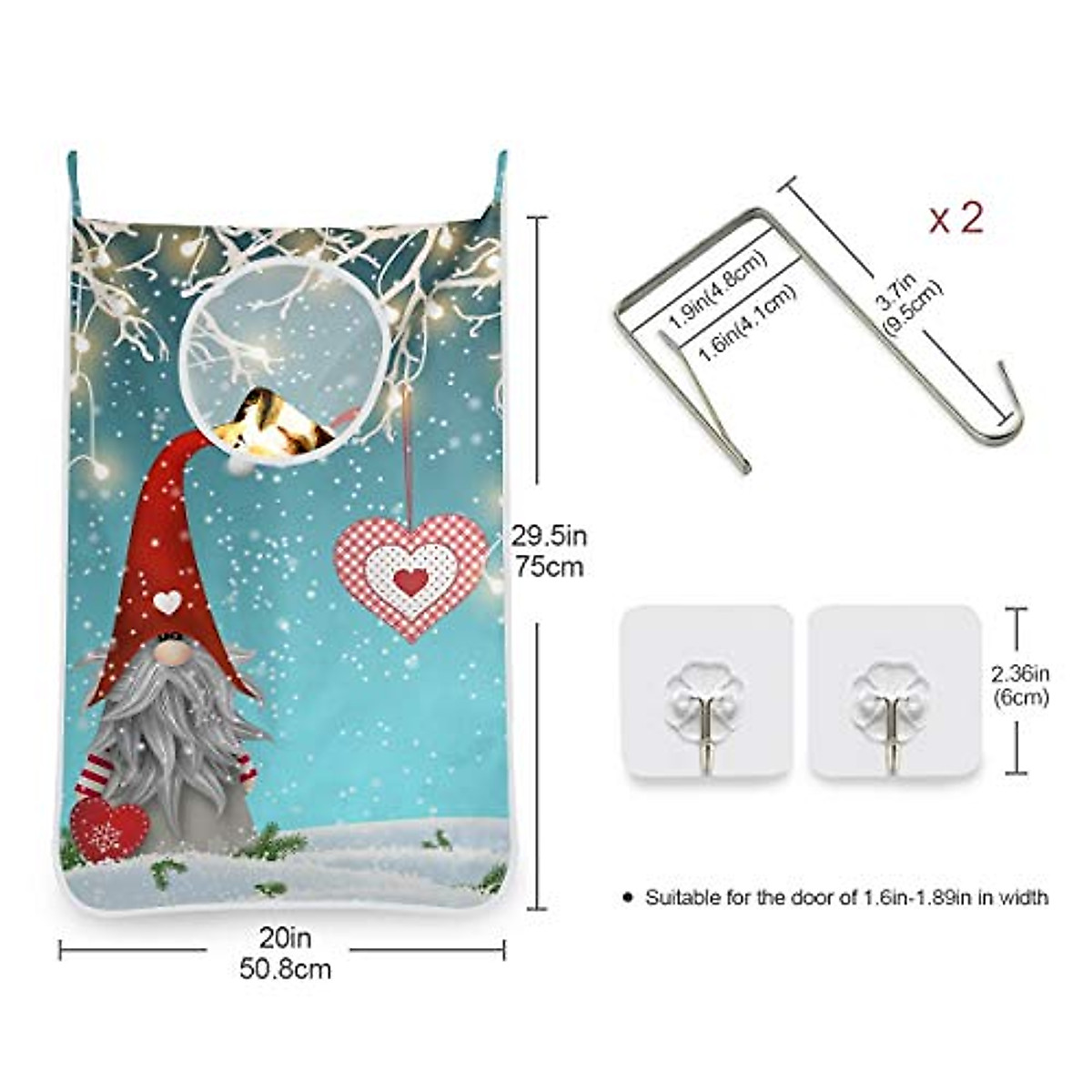 Winter Gnome Tomte Christmas Hanging Laundry Hamper Bag Winter New Year Xmas Heart Dirty Clothes Bag Large Storage Folding Basket Hanging Zippered Laundry Basket for Bathroom College, Closet, Behind