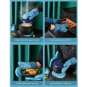 EUNA Silicone Oven Mitts, Heat Resistant Oven Mitts and Pot Holders Sets, Non-Slip Kitchen Mittens with Mini Oven Gloves and Hot Pads, Perfect for Baking Cooking, Quilted Liner, Gift Box, Blue & Azure