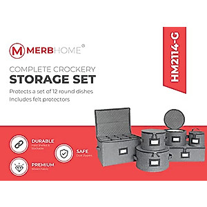 Merb Home - China Storage Set - Dinnerware & Glass Storage Containers - Hard Shell and Stackable Storage Boxes - Protects Dishes Cups and Mugs, Felt Plate Dividers Included (6-Pieces Grey)