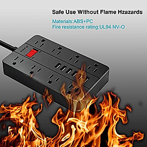 Power Strip with USB,AOFO Extension Cord 8 Widely Spaced Outlets and 6 USB Charging Ports Surge Protector for iPhone iPad PC Home Office Travel, 5 Feet Long Cord, Black