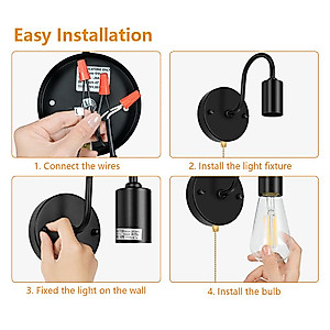 Spiglamm Black Wall Sconces with On/Off Switch,Industrial Metal Wall Lamps for Bedrooms Set of 2, Pull Chain Wall Mount Light for Bedroom Living Room Hallway