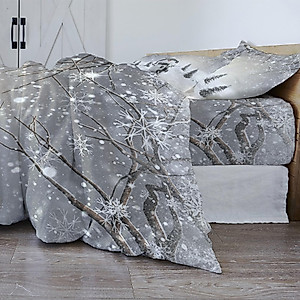 Debedcor Grey Snowman Christmas Bedding Cal. King Comforter Covers Sets, Gray Winter Snowflake Branch 4 Piece Duvet Cover Set Lightweight Microfiber Soft Bedding Set for Adult Teen, Xmas Forest Snow