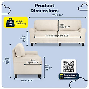 Serta Copenhagen Rolled Arm, Easy Care Polyester, Soft Pillow Back, Pocket Coil Seat Cushions, Removable Covers, Loveseat or Couch for Small Spaces, Living Rooms or Bedrooms, 73" Sofa, Buckwheat