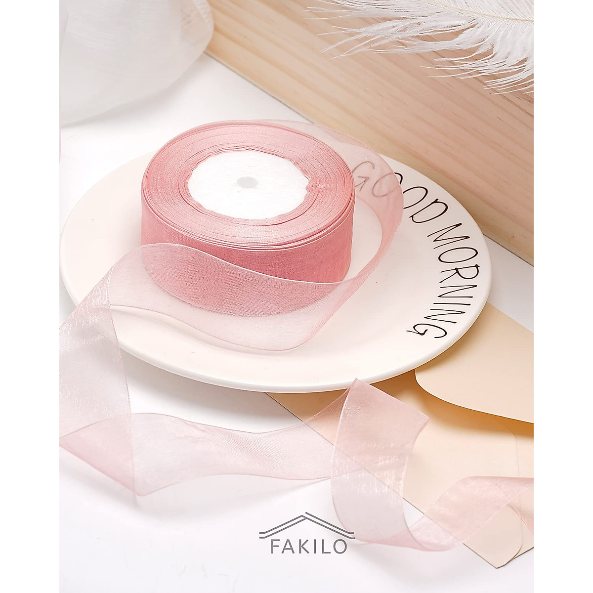 Pink Organza Ribbon for Gift Wrapping, FAKILO 2 Inch Shimmer Sheer Wrapping Ribbon for Bouquet, Wedding, Christmas Gift - 50 Yards Each Roll