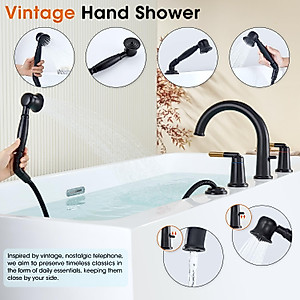 Wintap Black & Rose Gold Roman Bathtub Faucet Set with Hand Shower & Brass Valve Widespread Deck Mount 4 Hole High Flow Tub Faucets