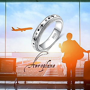 Airplane Spinner Ring for Women Men 925 Sterling Silver Airplane Fidget Rings for Anxiety Stress Relieving ADHD Autism Rings Inspirational Boho Band Ring (7)