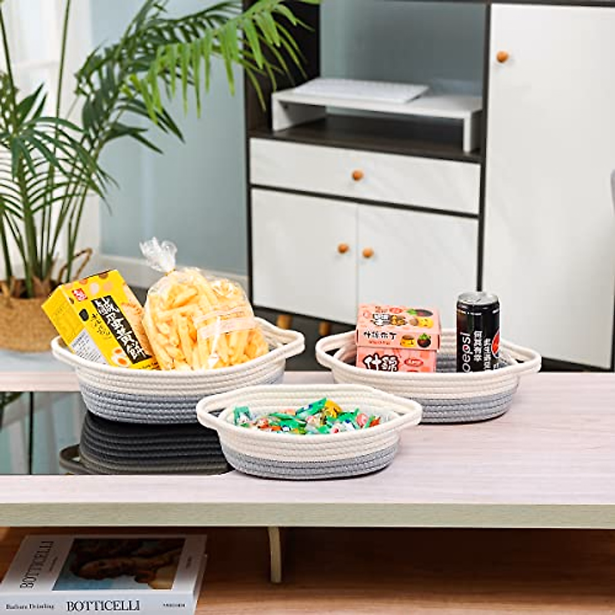 HNBQMX 5-Piece Rectangular Storage Basket Set-Natural Cotton Rope Woven Baskets for Organizing, Small Basket with Handles for Shelves, Toy Baskets, Basket for Storage, Storage Bin(White & Gray)