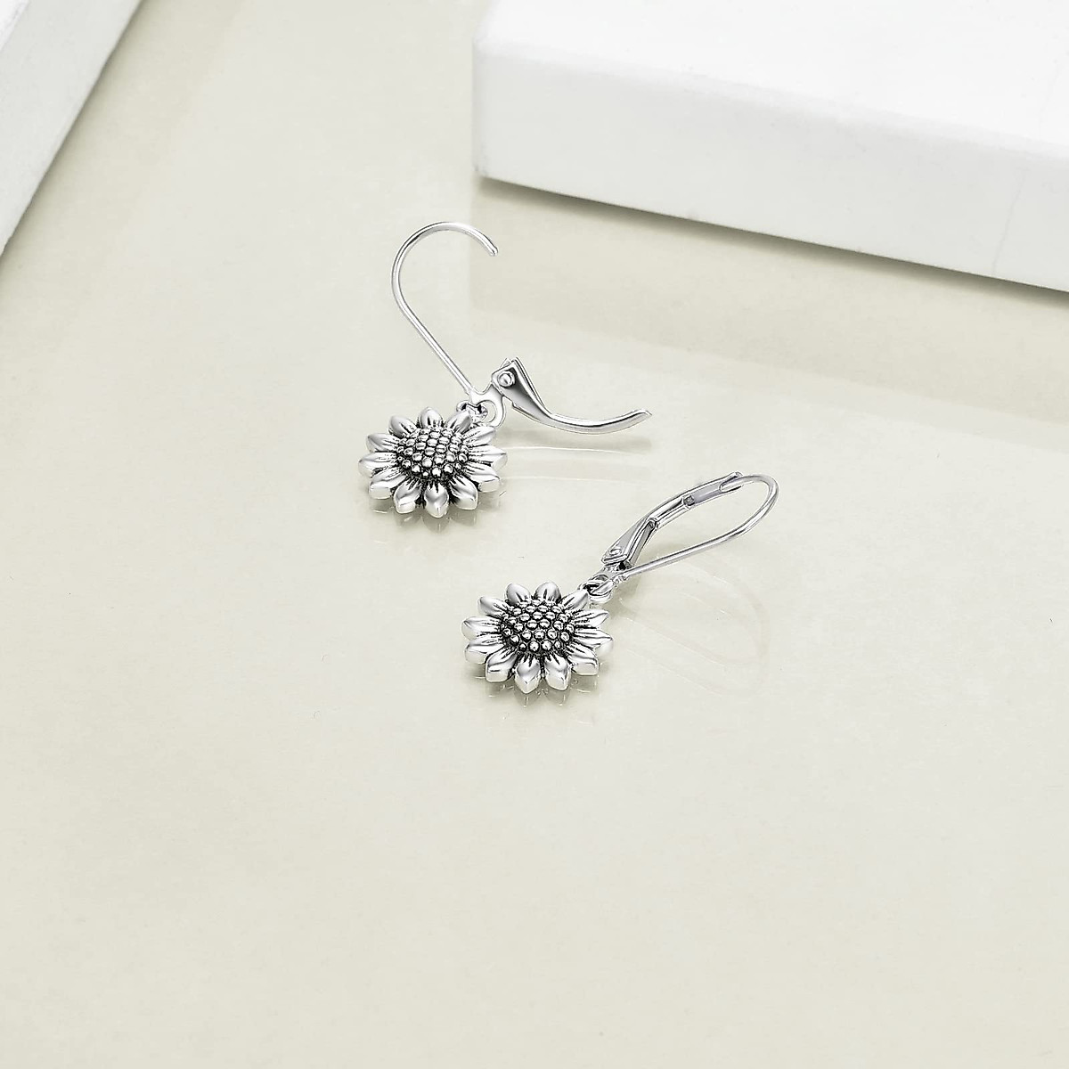 POPLYKE Antiqued Sunflower Leverback Dangle Earrings S925 Sterling Silver Sunflower Earrings for Women
