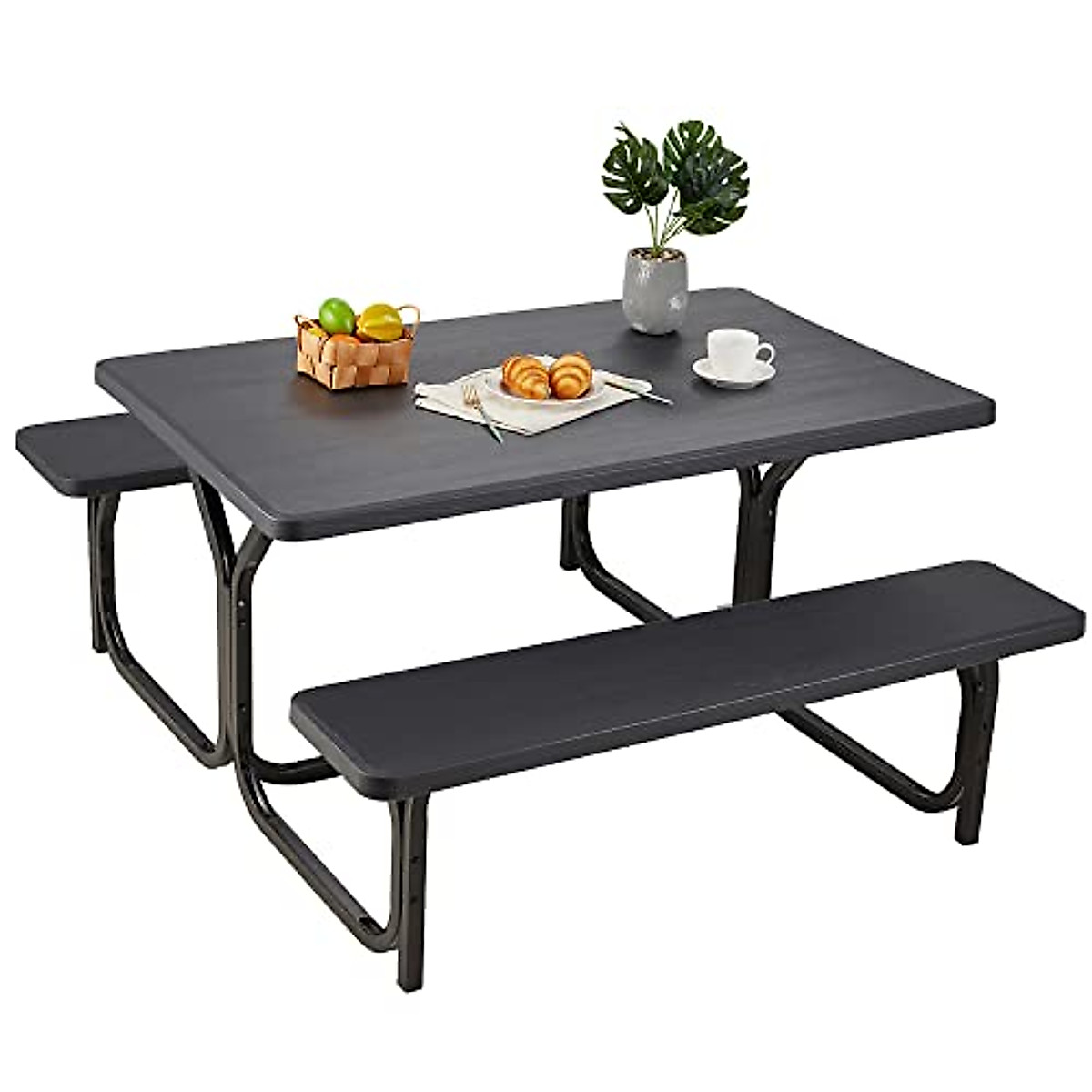Haddockway Picnic Table Bench Set Patio Camping Table with All Weather Metal Base and Plastic Table Top Outdoor Dining Garden Deck Furniture for Adult Black