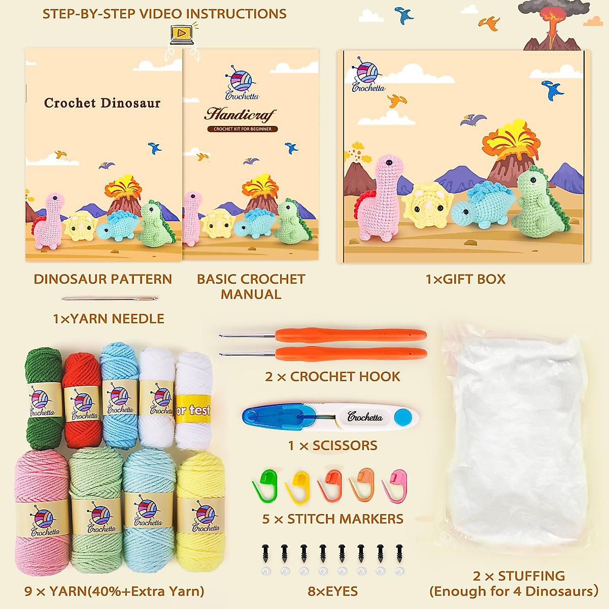 Crochet Kit for Beginners, Beginner Crochet Kit for Adults with Step-by-Step Video Tutorials, DIY Crochet Animal Kits Kids Knitting Supplies, 4 Pack Dinosaurs (40%+ Yarn)