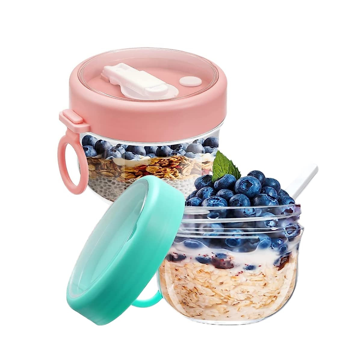 Portable Overnight Oats Containers with Lids and Spoon, Overnight Oats Jars for Breakfast, MealPrep Jar Airtight, 20 OZ, Large, Airtight, Set of 2