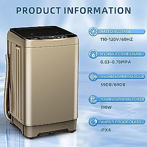 Full Automatic Washing Machine with LED Display, 10 Programs & 8 Water Levels Selections, 15.6Lbs for Home, RV, Camping, Apartment, Dorm - Gold