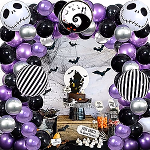 Nightmare Balloons Decorations Before Christmas Skull Halloween Party Decorations Balloon Garland Kit - Purple Black Balloon Arch with Skull Balloons for Halloween Birthday Baby Shower, Day of the Dead Decorations