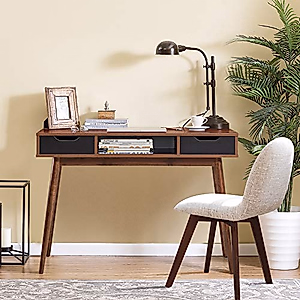 Tangkula Mid Century Desk with Drawers, Modern Writing Study Desk, Home Office Desk Computer Desk with Solid Wood Legs & Open Shelf, Study Workstation Multifunctional Vanity Table Desk for Bedroom