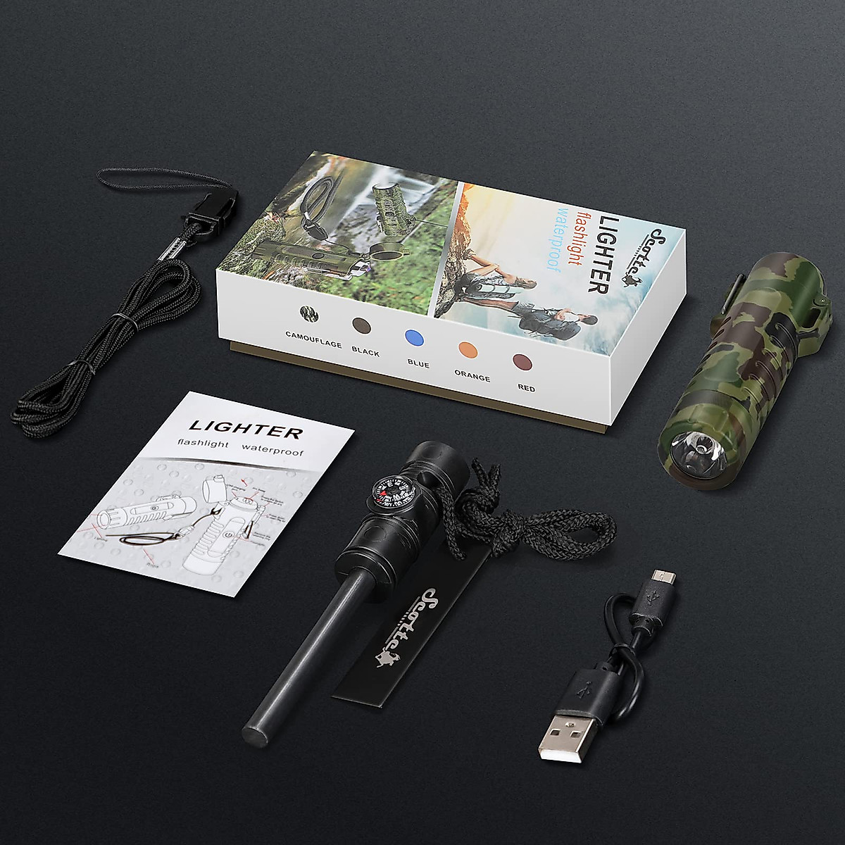 Scotte Electric Lighter USB Rechargeable Plasma Lighter Waterproof Lighter with Flashlight Arc Lighter Include 5 in 1 Magnesium Fire Starter for Outdoor Camping Hiking Tactical Survival Lighter