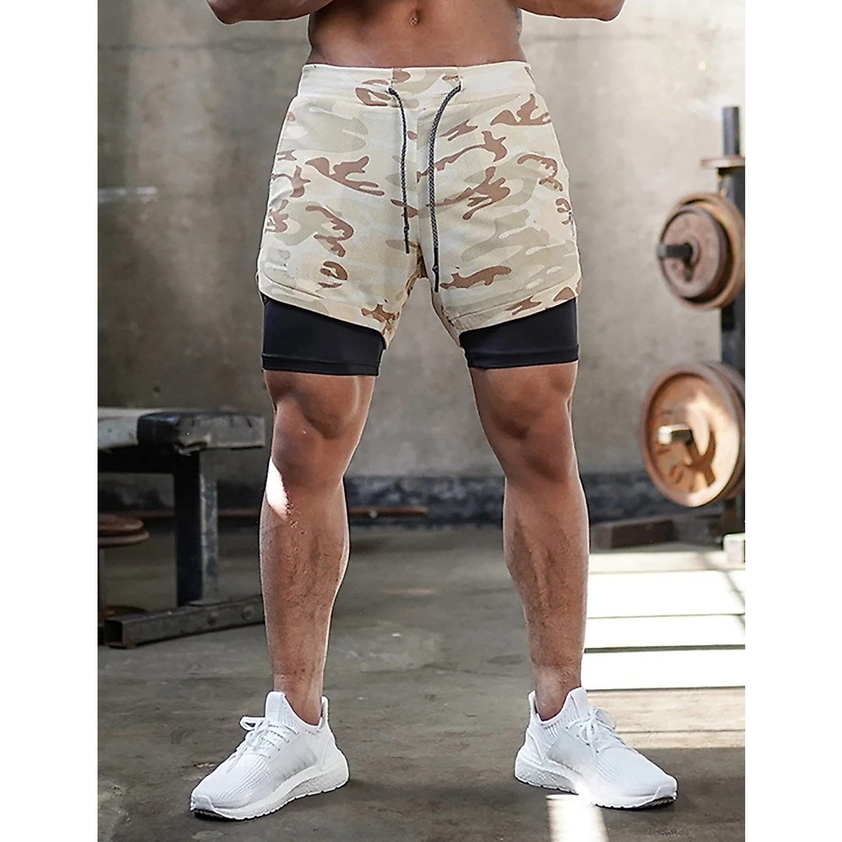 DIOTSR Mens 2 in 1 Running Workout Shorts Lightweight Athletic Gym Shorts with Pockets (Camo Khaki X-Large)