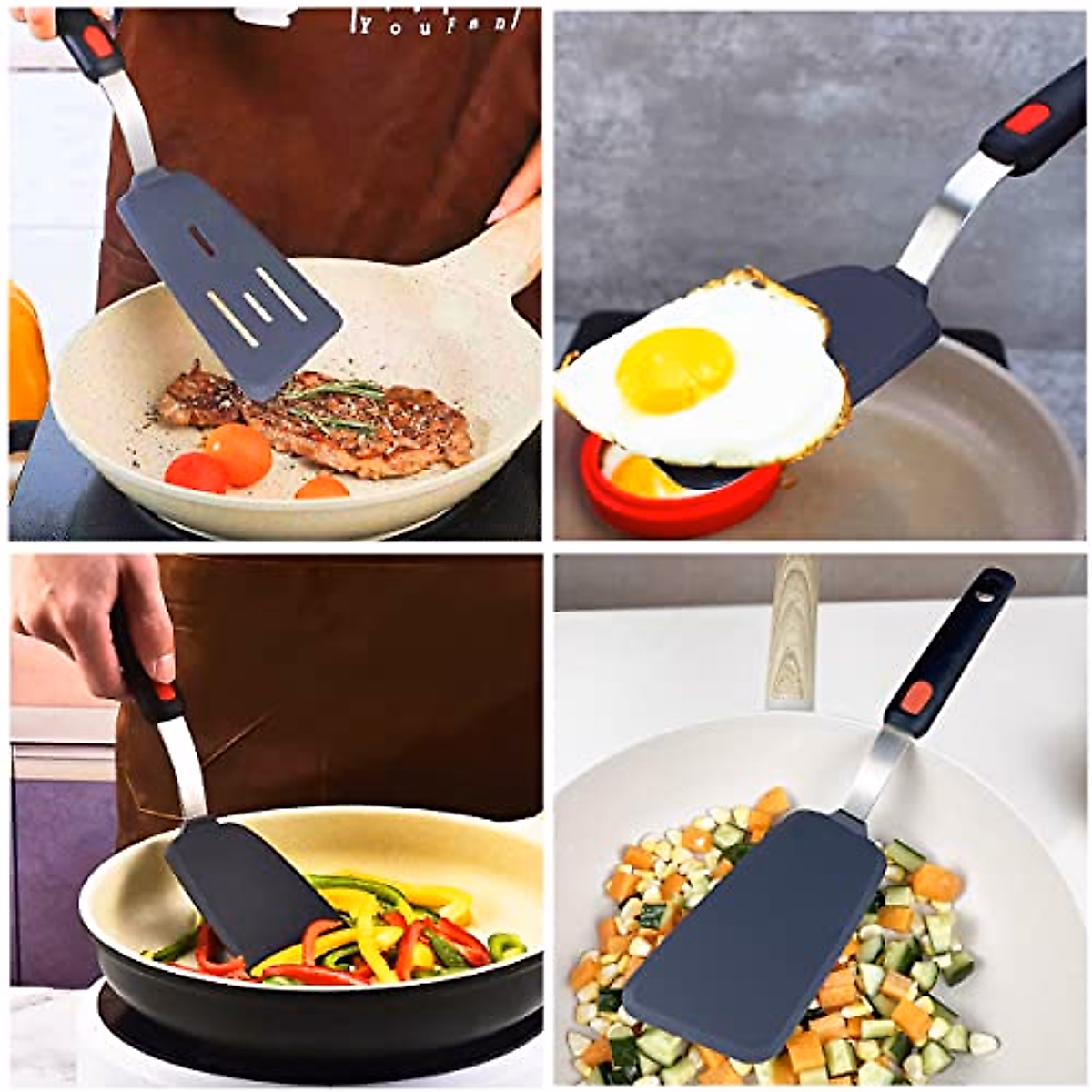 KLAQQED 4Pcs Spatula Silicone Heat Resistant Flexible Rubber Silicone Spatulas for Nonstick Cookware, Burger Pancake Spatula Turner Large Silicone Spatulas Set for Cooking Kitchen Utensils Set Black